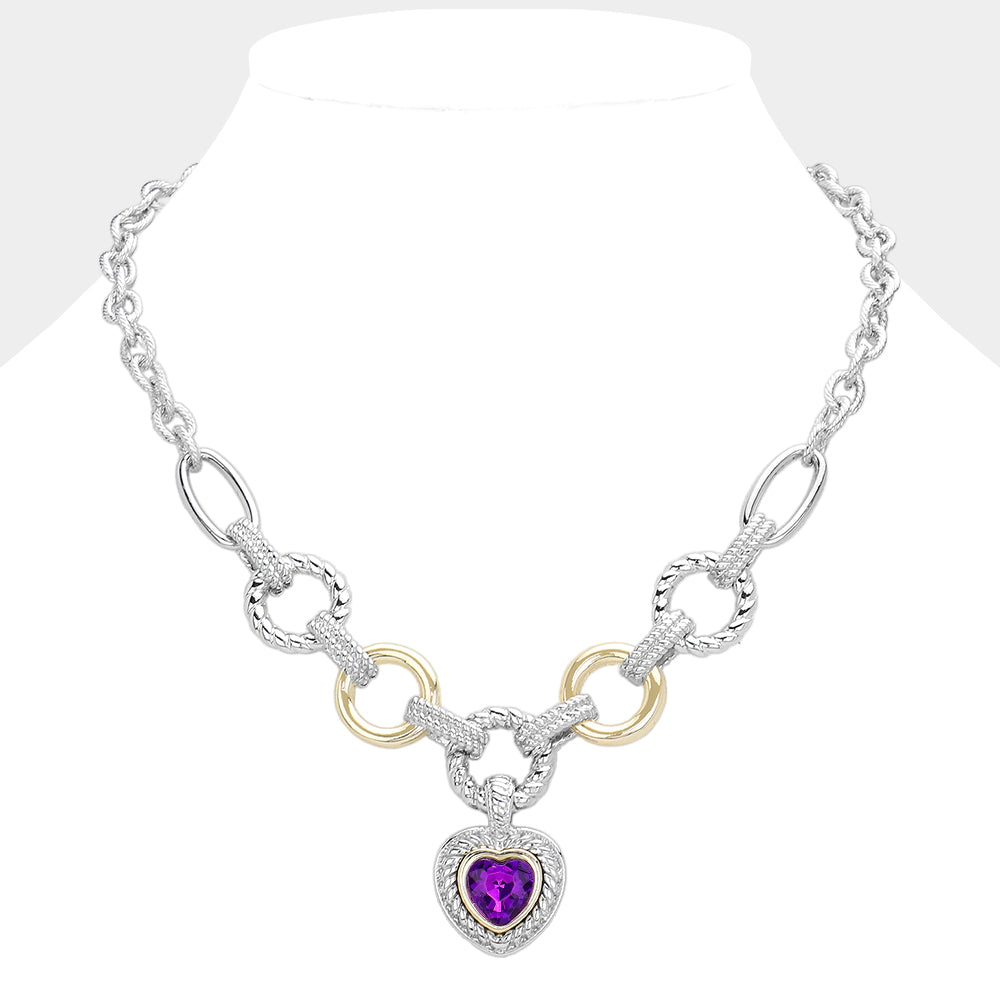 PURPLE STONE TWO TONE HEART NECKLACE – The Bling Castle